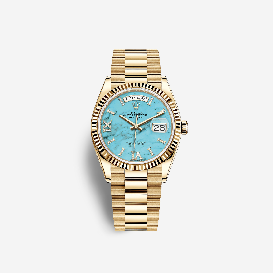 롤렉스 데이데이트 36mm 128238 터콰이즈 로만 다이아 셋팅 프레지던트 | Rolex | KREAM