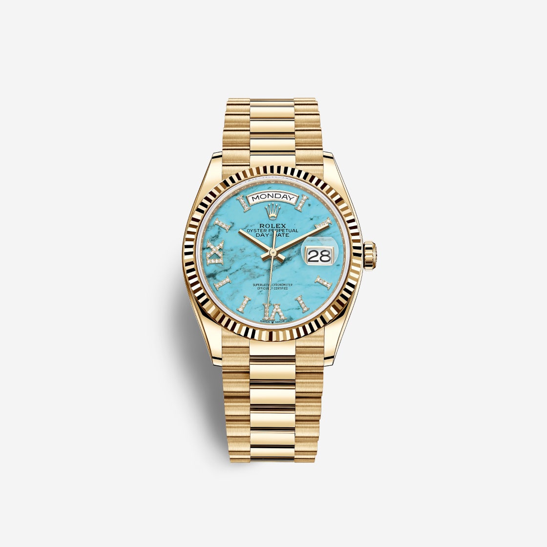 롤렉스 데이데이트 36mm 128238 터콰이즈 로만 다이아 셋팅 프레지던트 | Rolex | KREAM