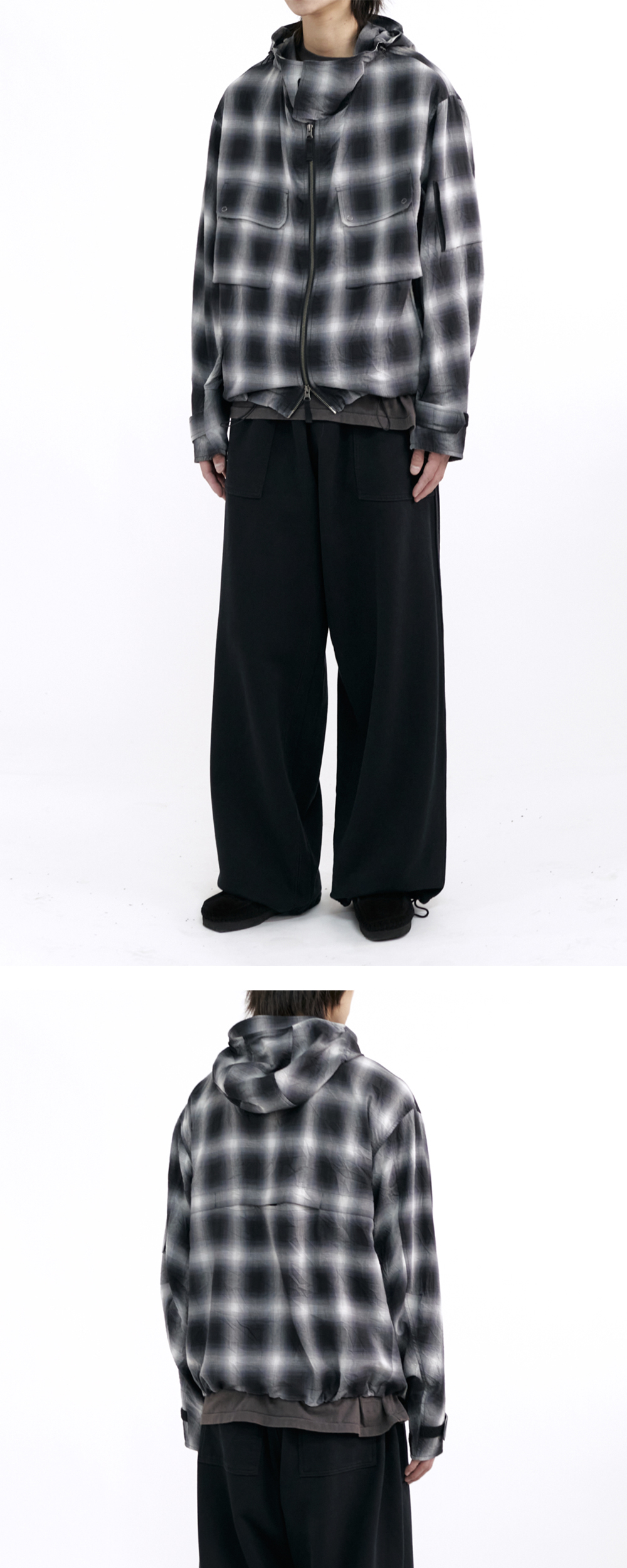 폴리테루 체크 스목 파카 차콜 옴브레 크리즈드 | Polyteru | KREAM