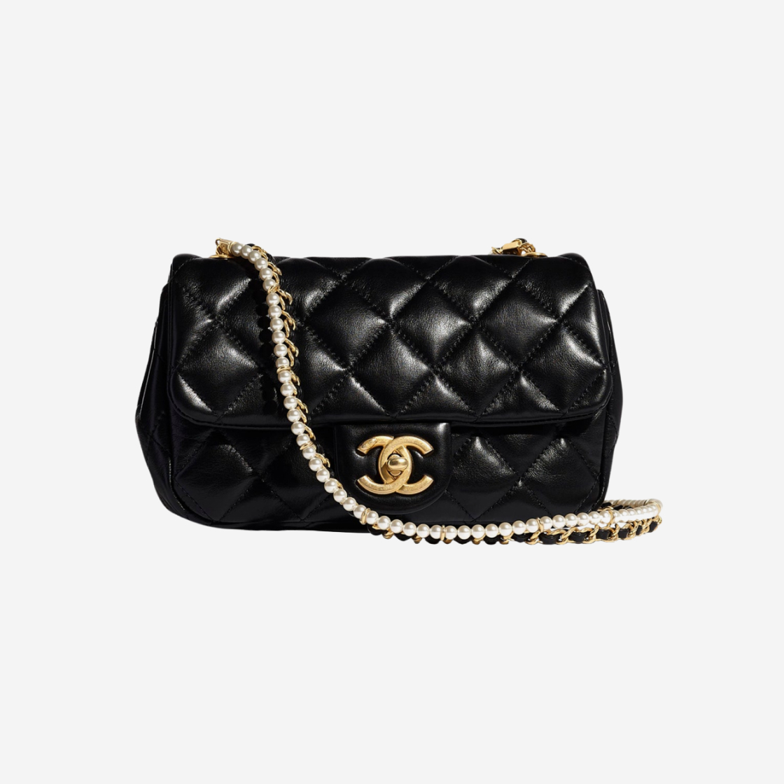 샤넬 플랩백 카프스킨 크리스탈 펄 & 골드 메탈 블랙 | Chanel | KREAM