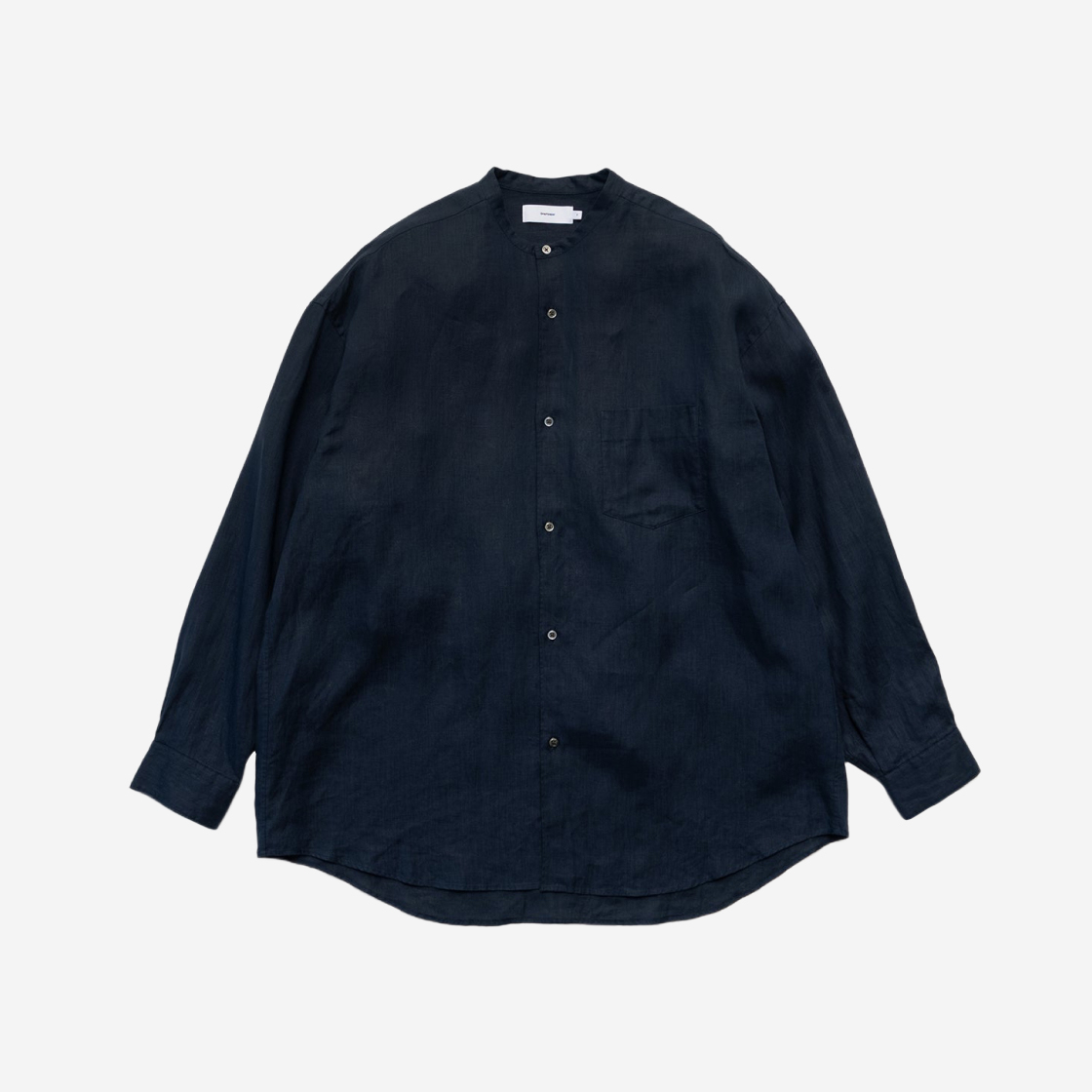 그라프페이퍼 리넨 롱슬리브 오버사이즈 밴드 칼라 셔츠 네이비 | Graphpaper | KREAM