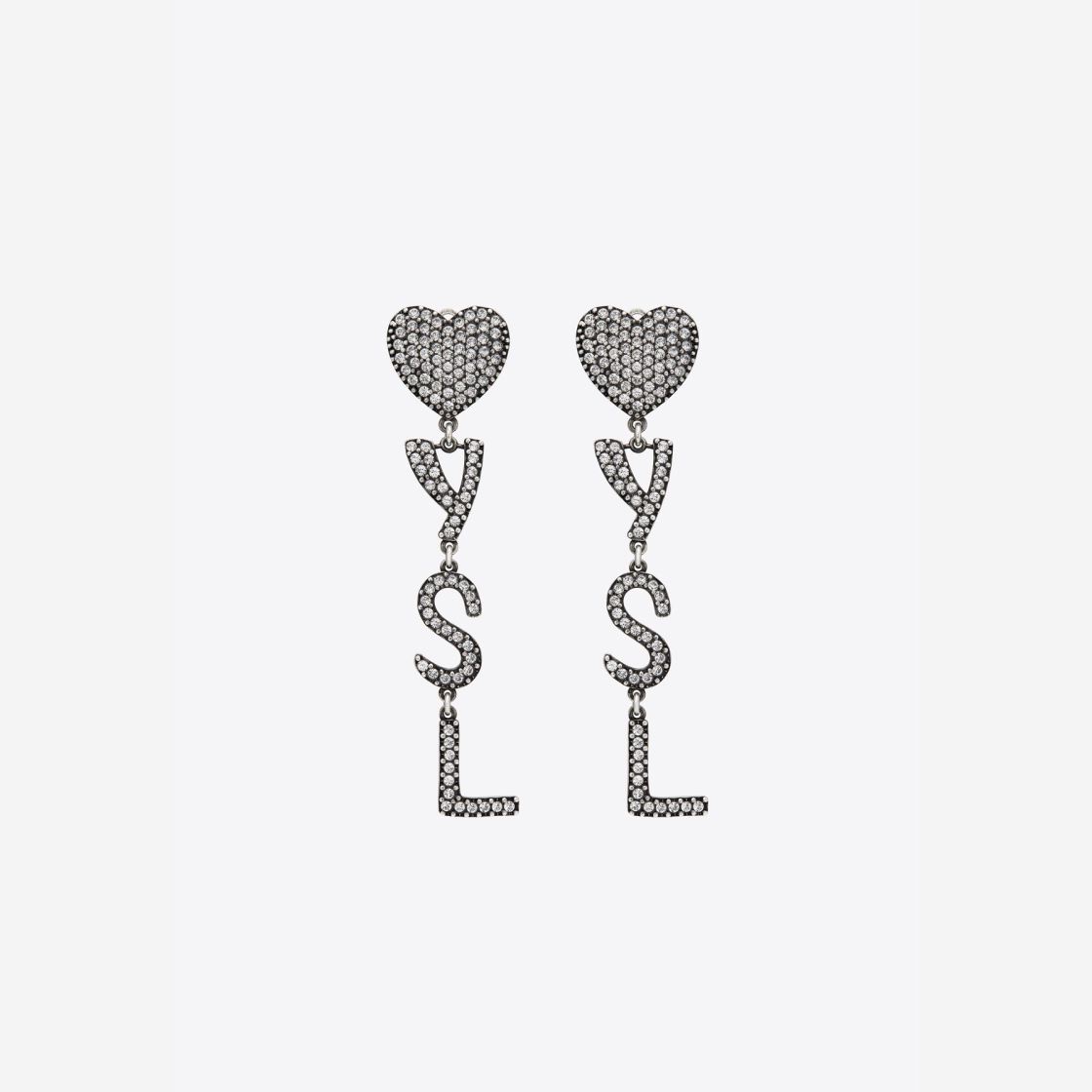 (W) 생로랑 오피움 YSL 하트 이어링 메탈 앤 크리스탈 옥시다이즈드 실버 | Saint Laurent | KREAM