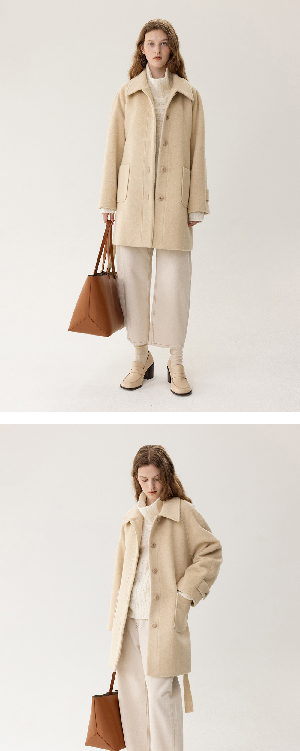 킨더살몬 우먼 리너스 하프 코트 마카다미아 - FW23 | KINDERSALMON | KREAM