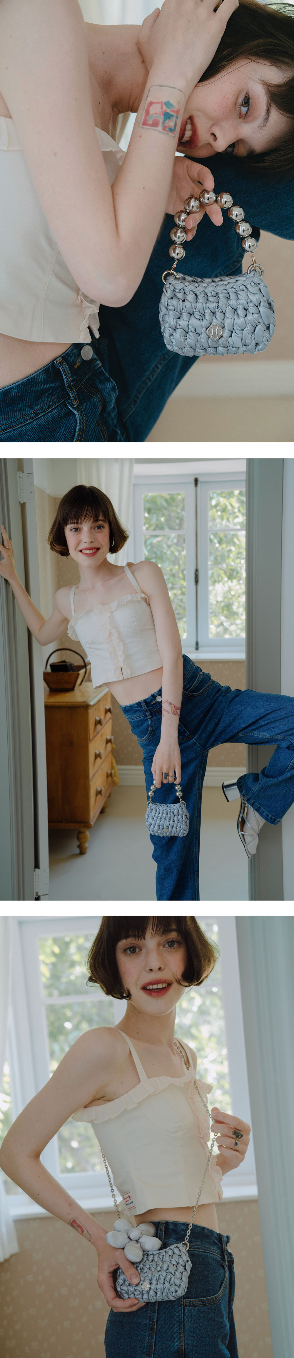 히어리 우먼 라브 사틴 니트 미니 백 실버 | Heeari | KREAM