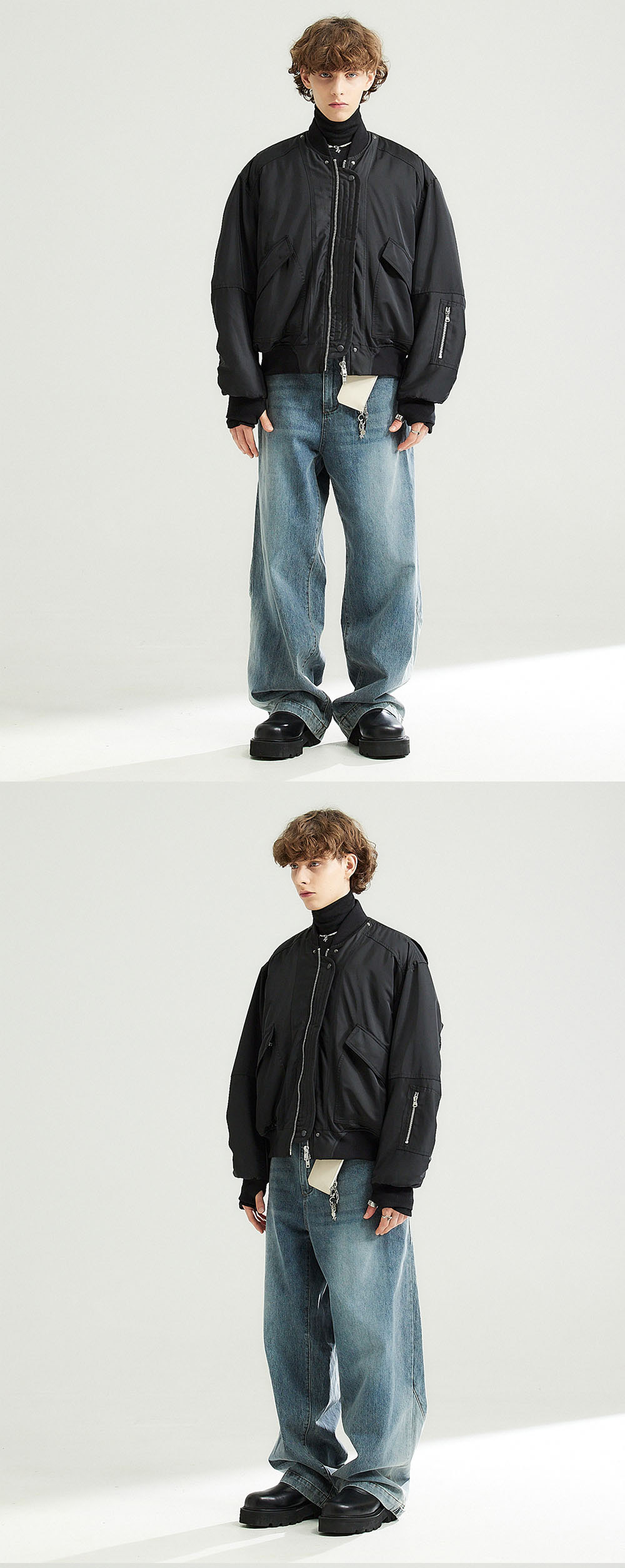 알렌느 사틴 3D 디테처블 핑거 홀 후드 봄버 블랙 | Haleine | KREAM