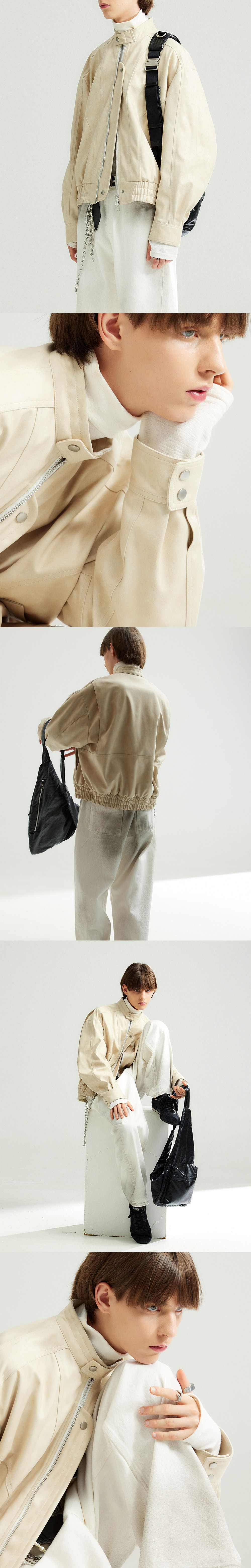 알렌느 바이커 디테일 스크랩 포우 레더 3D 블루종 크림 | Haleine | KREAM