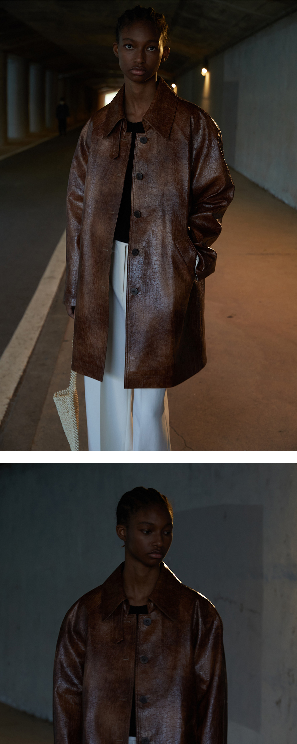 엔오르 우먼 크랙 코티드 벨티드 코트 브라운 | ENOR | KREAM