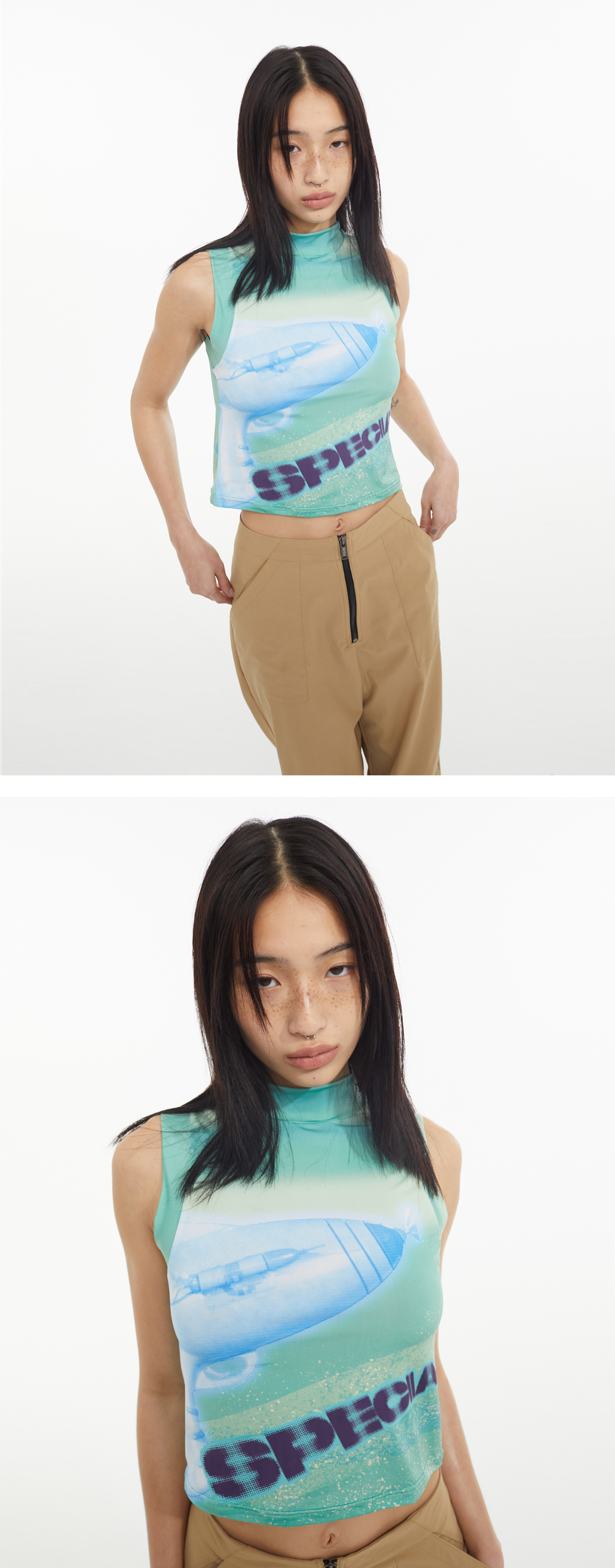 쿄 우먼 프린트 베이비 크롭 슬리브리스 민트 | KYO | KREAM