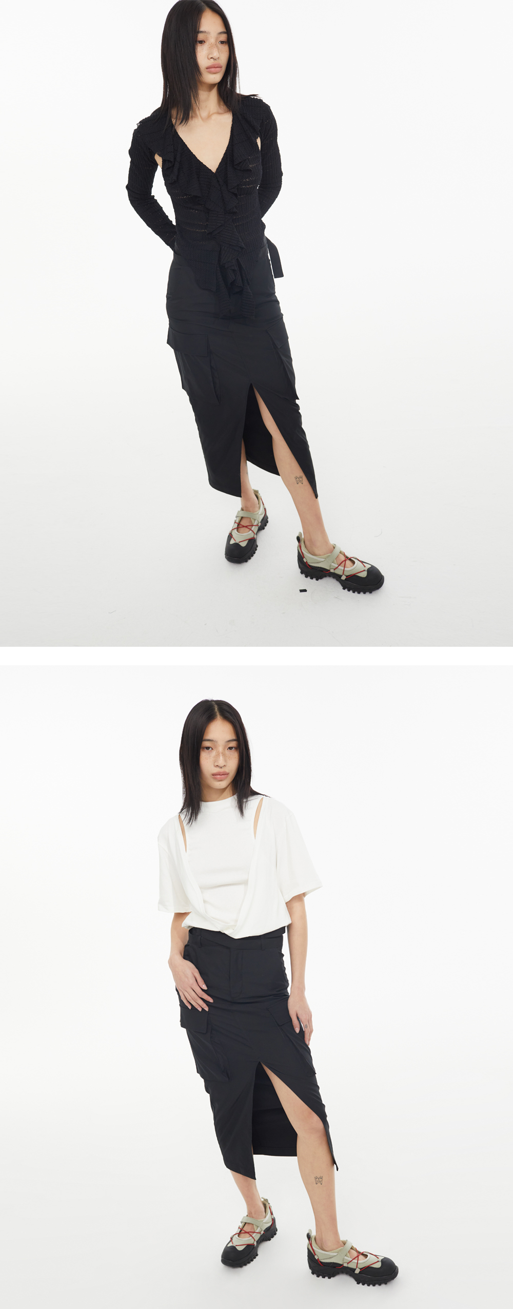 쿄 우먼 크로스 벨트 슬릿 맥시 카고 스커트 블랙 | KYO | KREAM