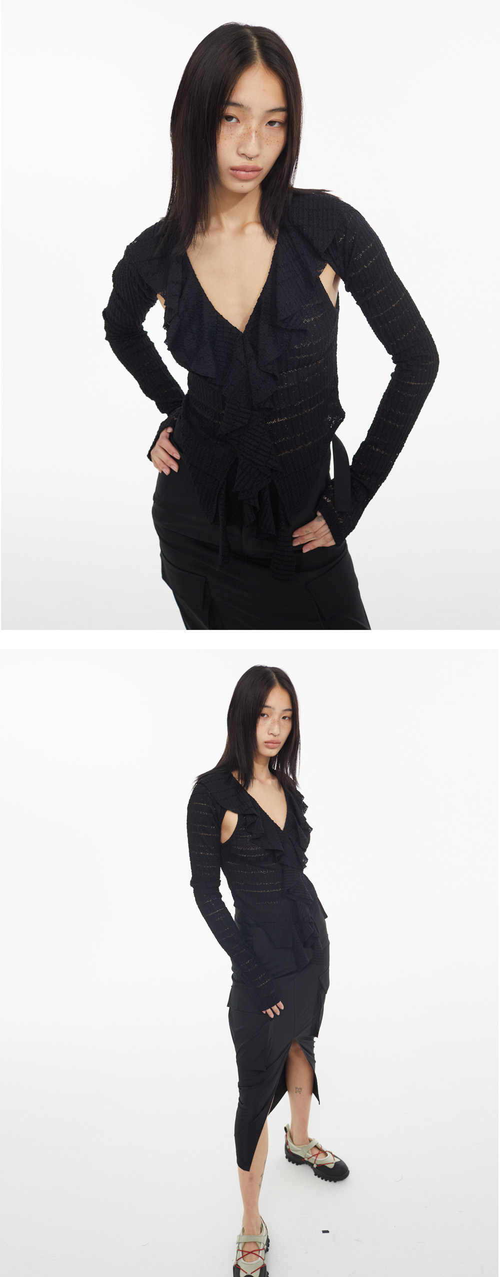 쿄 우먼 컷아웃 프릴 저지 레이스 티셔츠 블랙 | KYO | KREAM