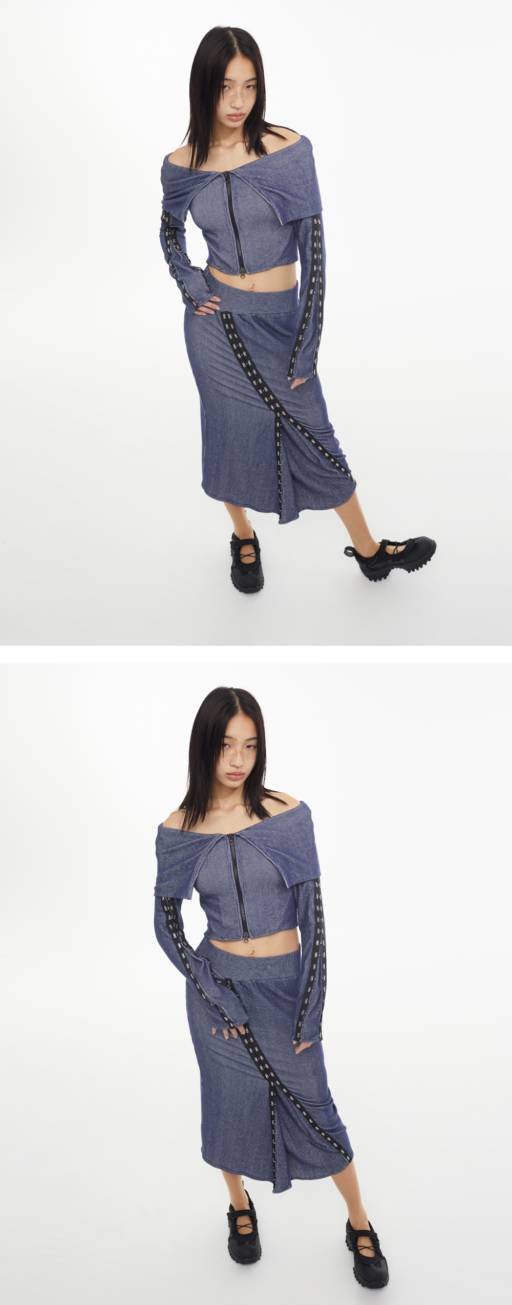 쿄 우먼 후크 다이아그놀 미디 스커트 블루 | KYO | KREAM