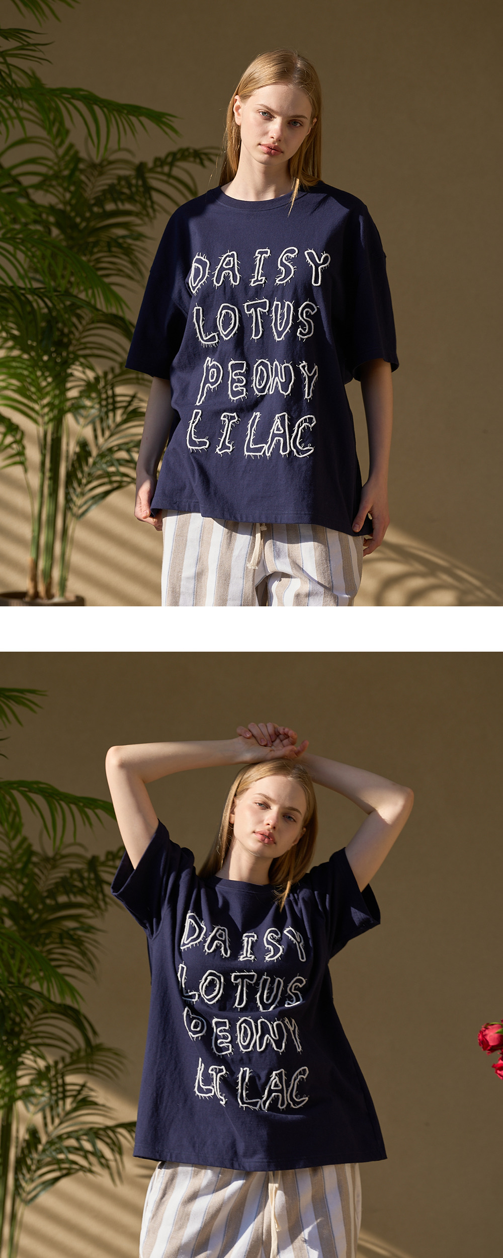 웨이비니스 플라워 앙상블 자수 티셔츠 네이비 | Waviness | KREAM