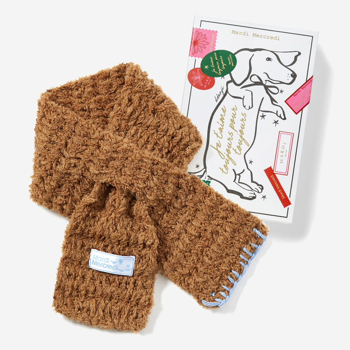 마르디메크르디 레쁘띠 키즈 울 블렌디드 니트 쁘띠 머플러 카멜 스카이 | MARDI MERCREDI LES PETITS | KREAM