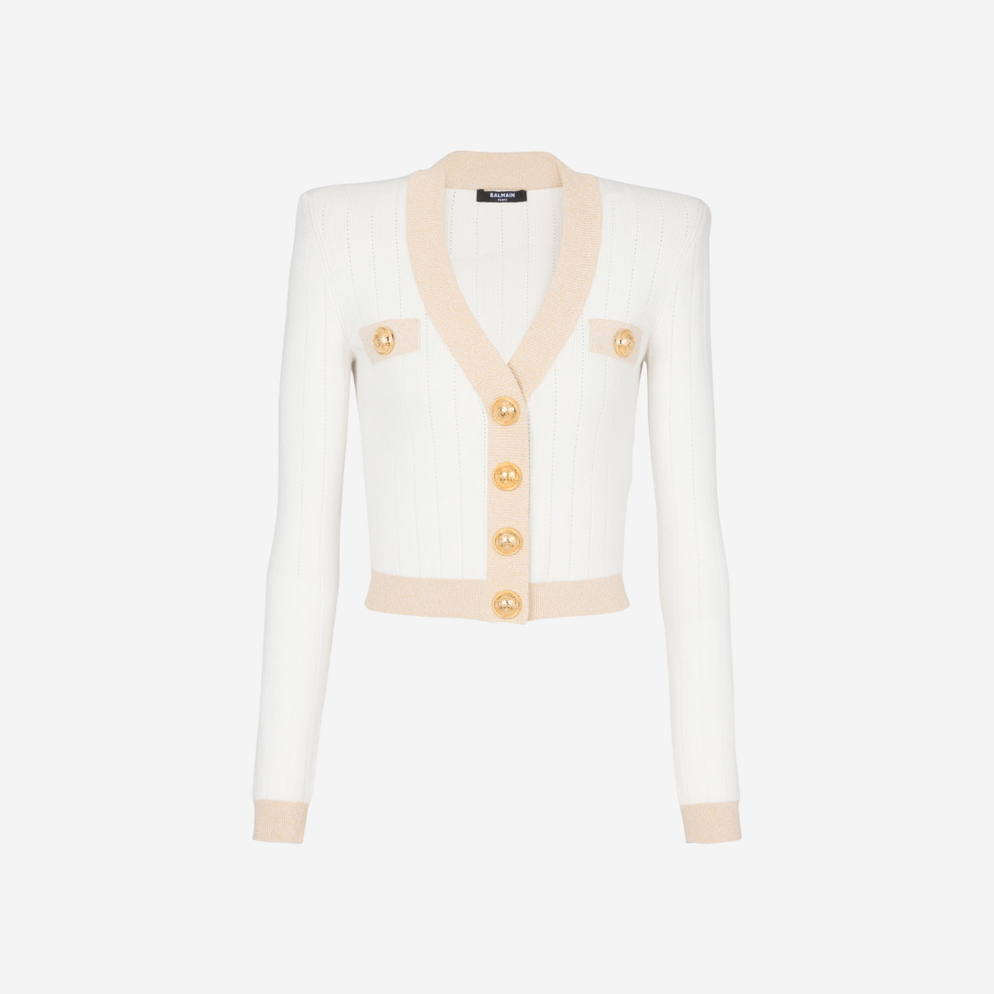 (W) 발망 골드 트림 크롭 니트 가디건 화이트 | Balmain | KREAM