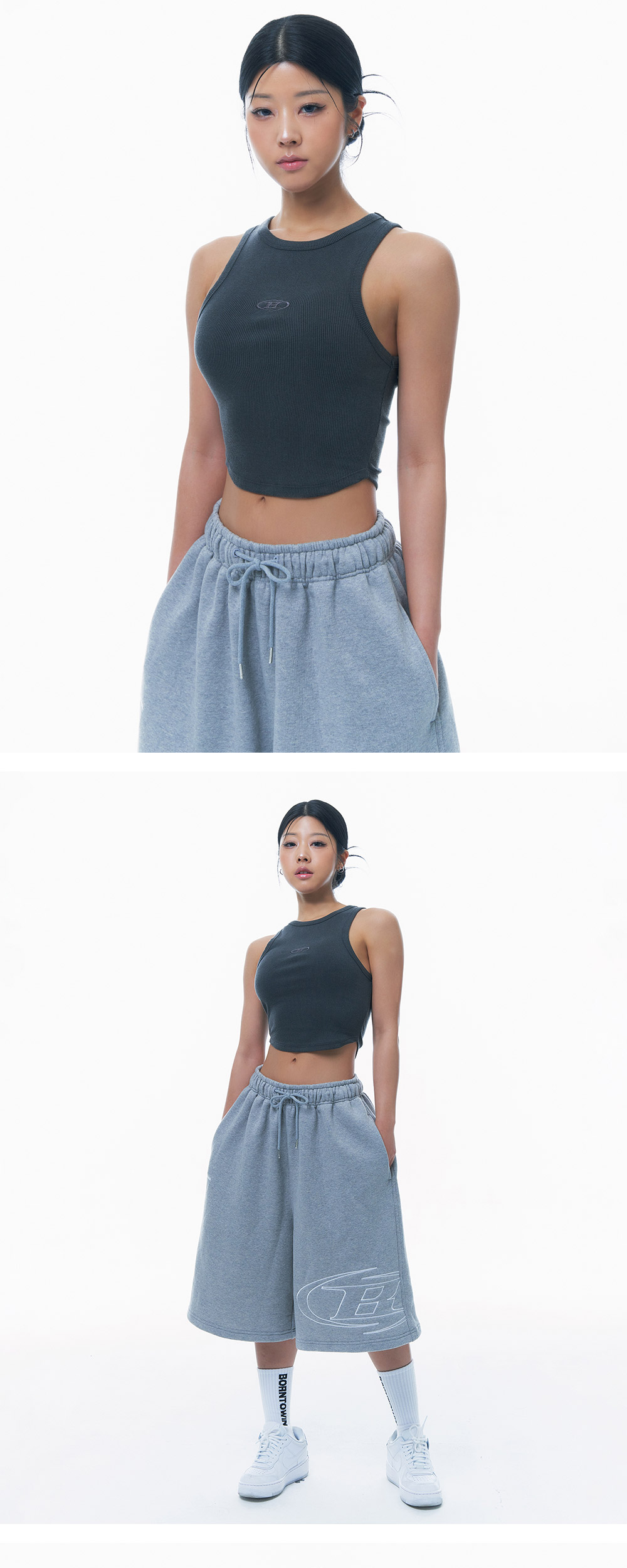 본투윈 심볼 B 피그먼트 리브드 슬리브리스 차콜 | BORN TO WIN | KREAM