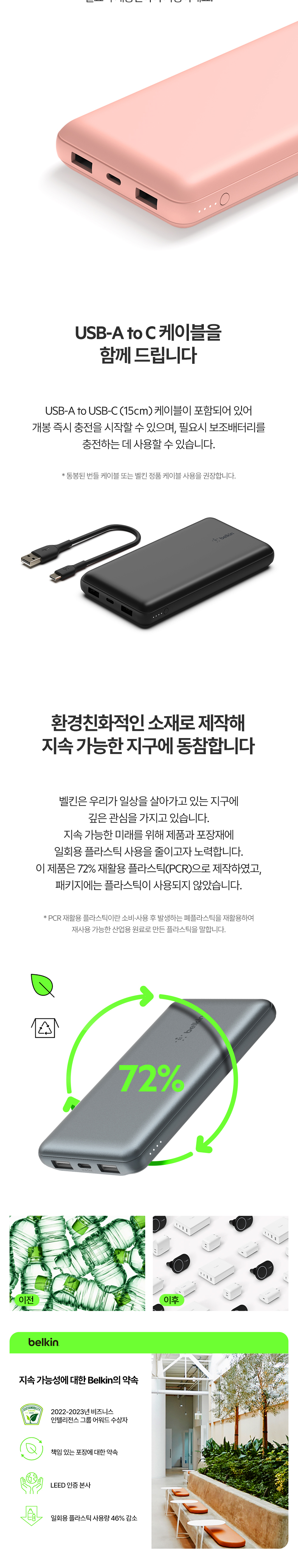 벨킨 20000mAh 3-port 15W PD 고속 충전 보조배터리 BPB012bt 로즈골드 | Belkin | KREAM