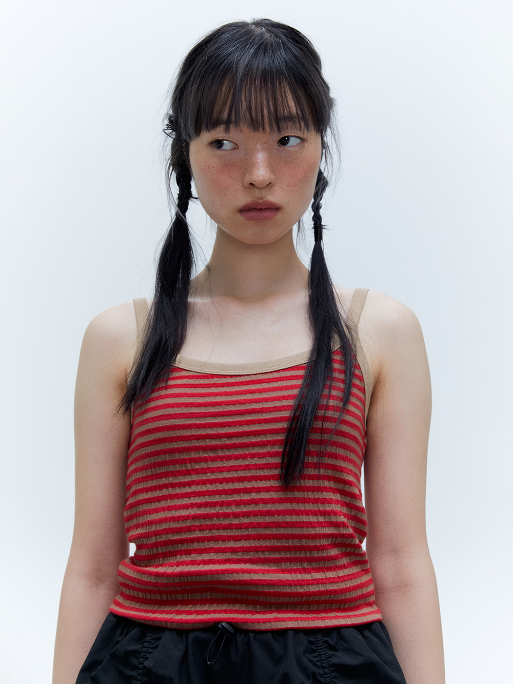 영오 링클 슬리브리스 탑 레드 베이지 스트라이프 | YOUNGOH | KREAM