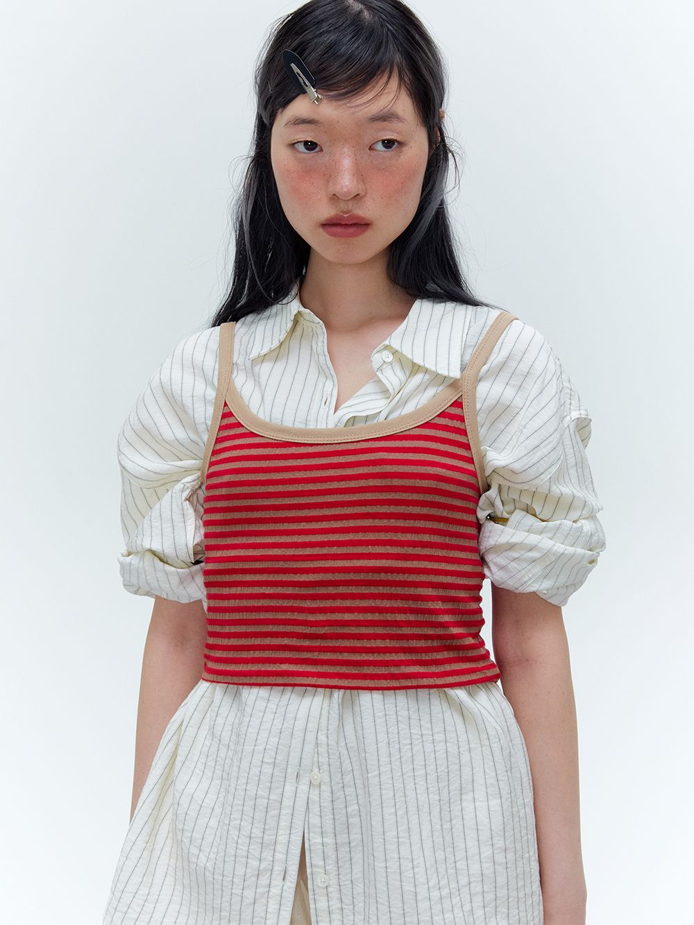 영오 링클 슬리브리스 탑 레드 베이지 스트라이프 | YOUNGOH | KREAM