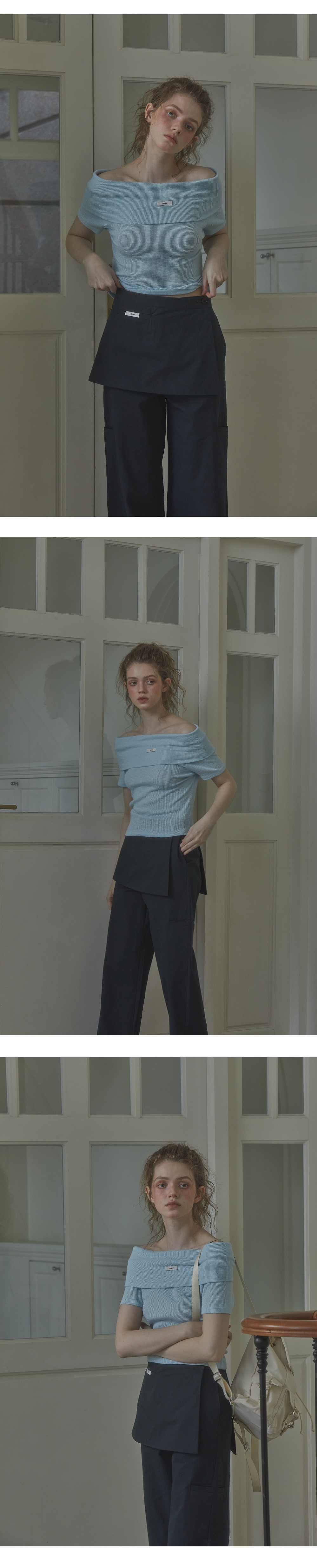 레터리 오프숄더 라벨 티셔츠 블루 | LETERIE | KREAM