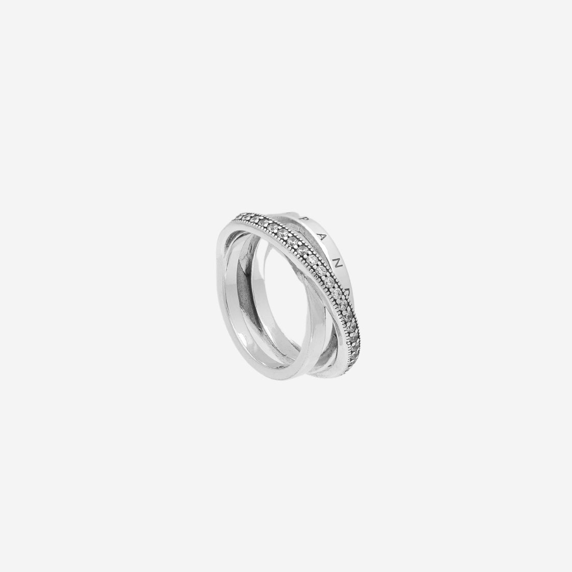 (W) 판도라 크로스오버 파베 트리플 밴드 링 스털링 실버 클리어 | Pandora | KREAM