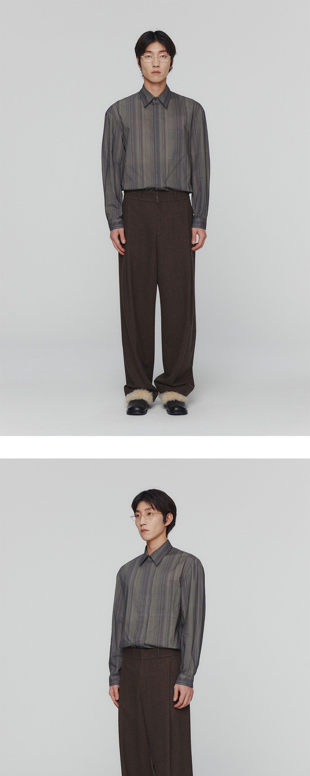 아모멘토 스트라이프 스퀘어 포켓 오버사이즈 셔츠 카키 - 24FW | AMOMENTO | KREAM