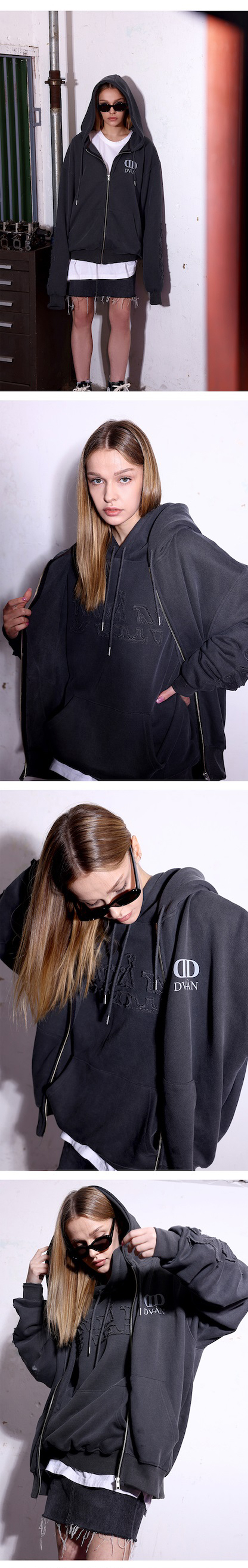 드반 데미지 피그먼트 후드 집업 차콜 | DVAN | KREAM