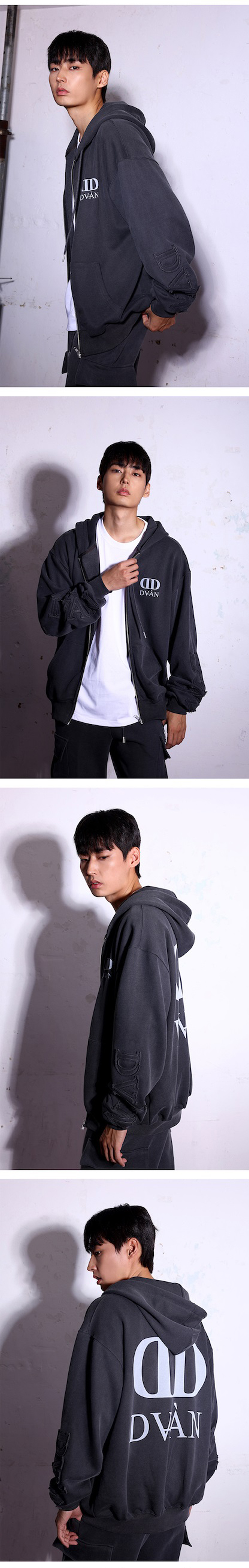 드반 데미지 피그먼트 후드 집업 차콜 | DVAN | KREAM