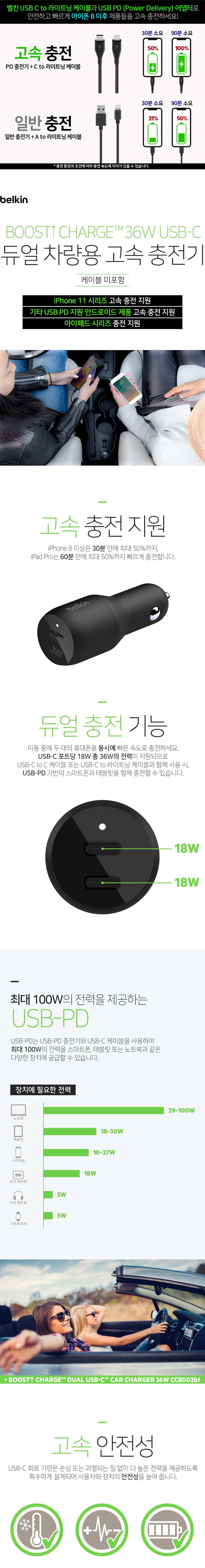 벨킨 부스트업 36W 듀얼 USB-C타입 차량용 고속 충전기 CCB002bt | Belkin | KREAM