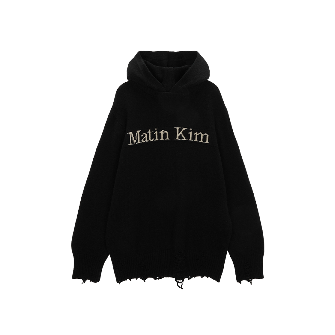 (W) 마뗑킴 데미지 로고 니트 후드 블랙 | Matin Kim | KREAM