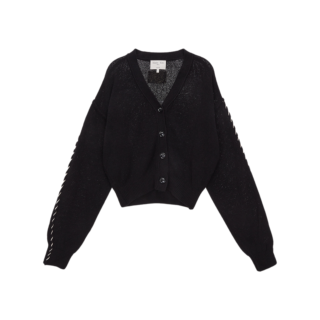 (W) 마뗑킴 슬리브 스티치 크롭 가디건 블랙 | Matin Kim | KREAM