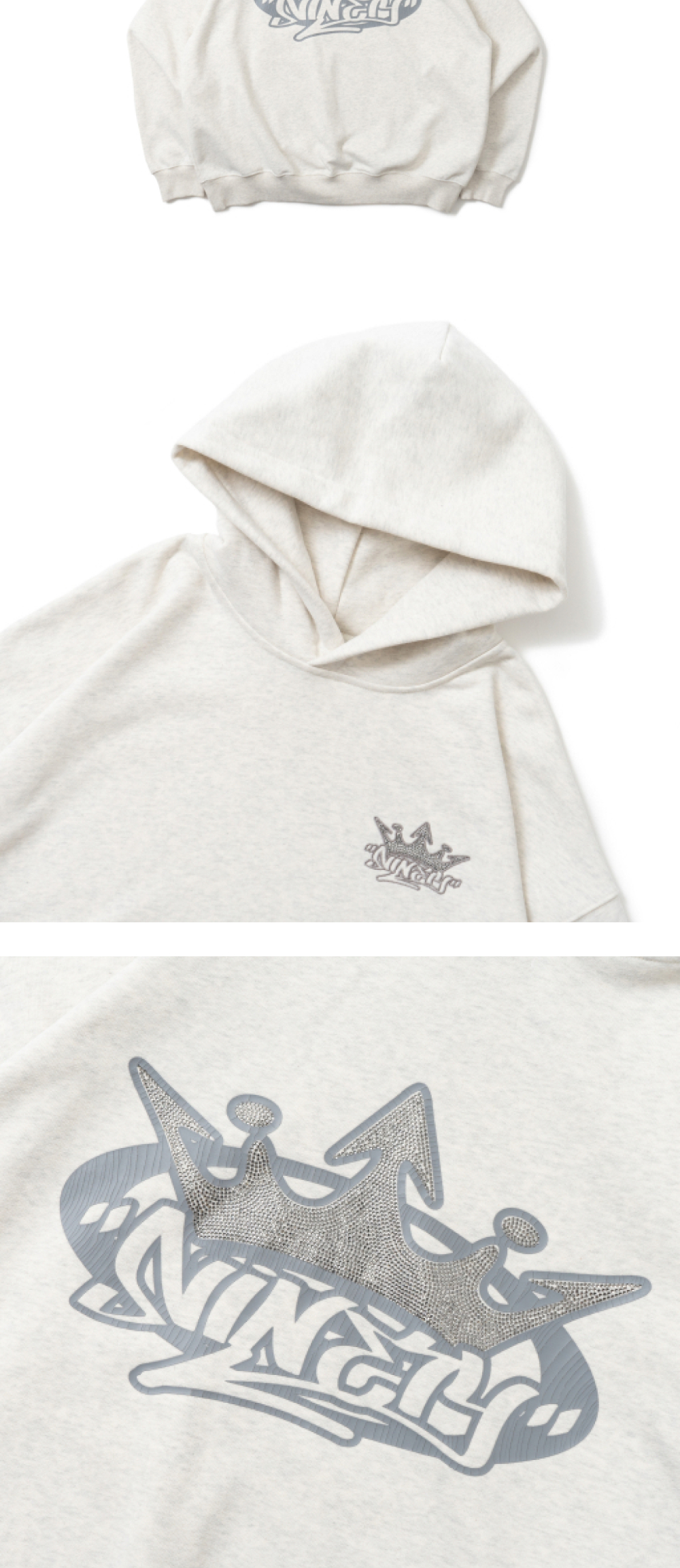9090 킹 로고 라인스톤 후드 오트밀 | yz | KREAM