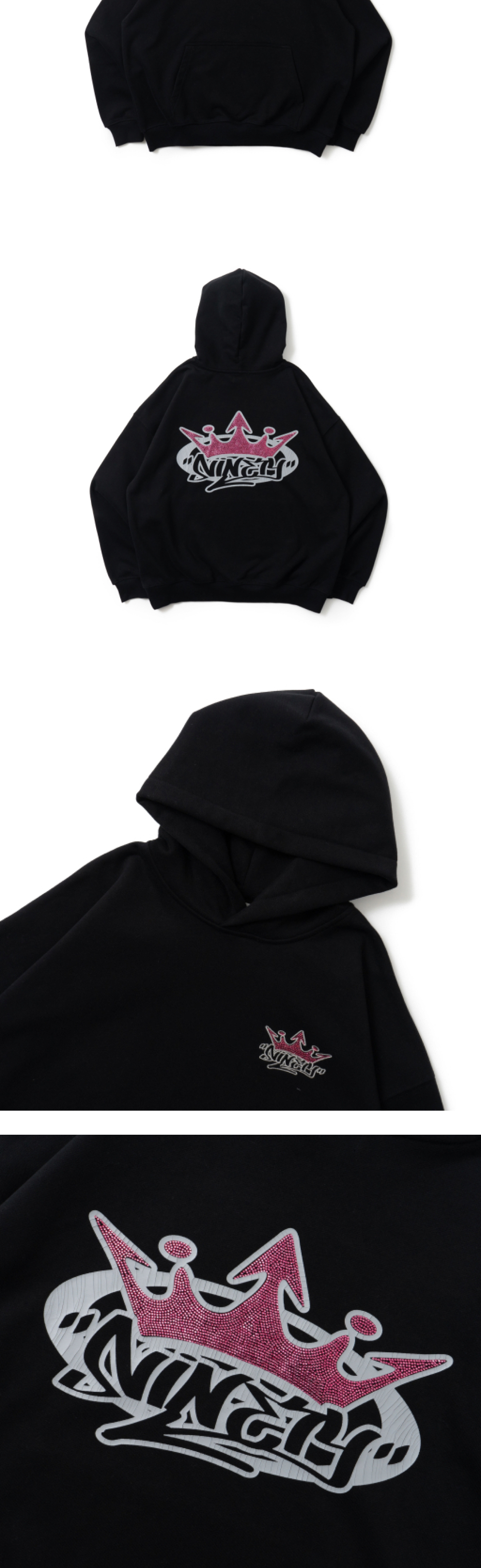 9090 킹 로고 라인스톤 후드 블랙 | yz | KREAM