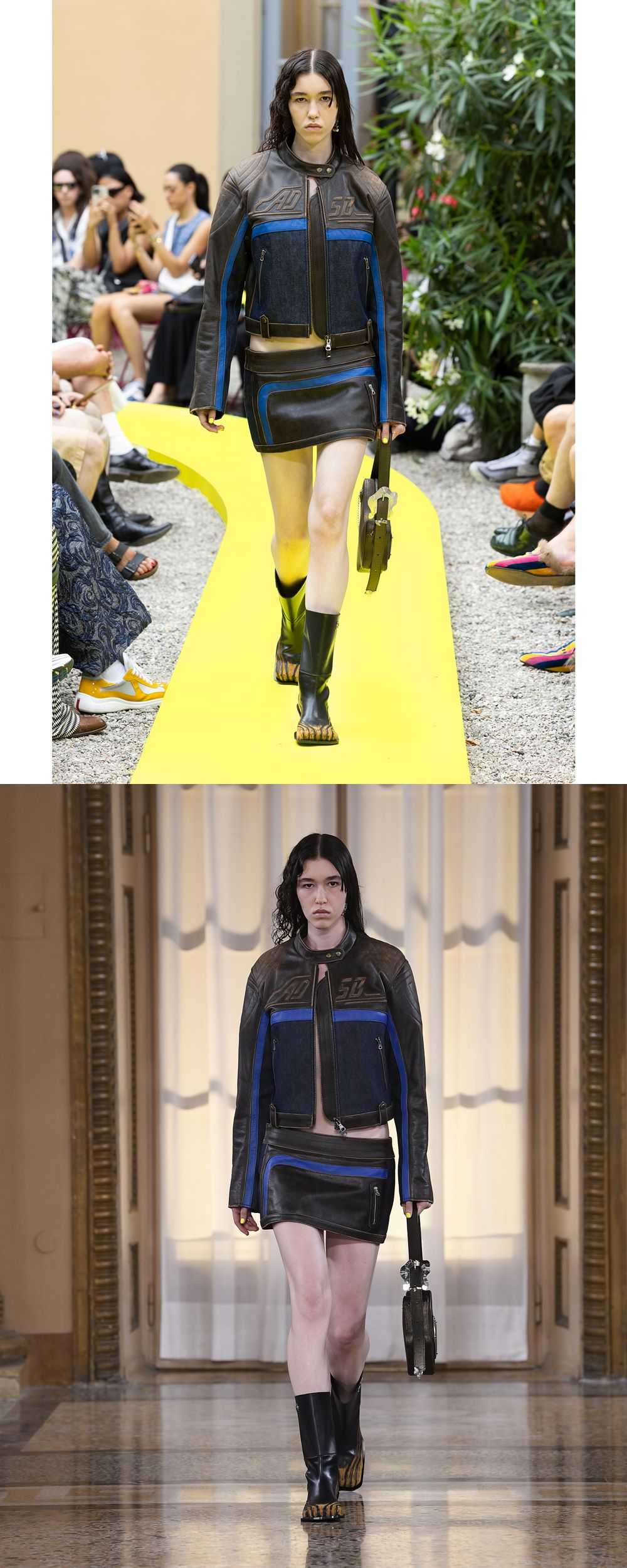 ADSB 앤더슨벨 우먼 데님 콤보 레이싱 레더 자켓 브라운 | ADSB ANDERSSON BELL | KREAM