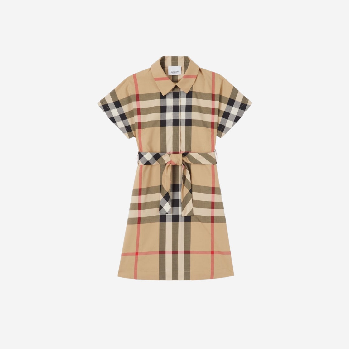 (키즈) 버버리 체크 스트레치 코튼 타이 웨이스트 셔츠 드레스 아카이브 베이지 | Burberry | KREAM