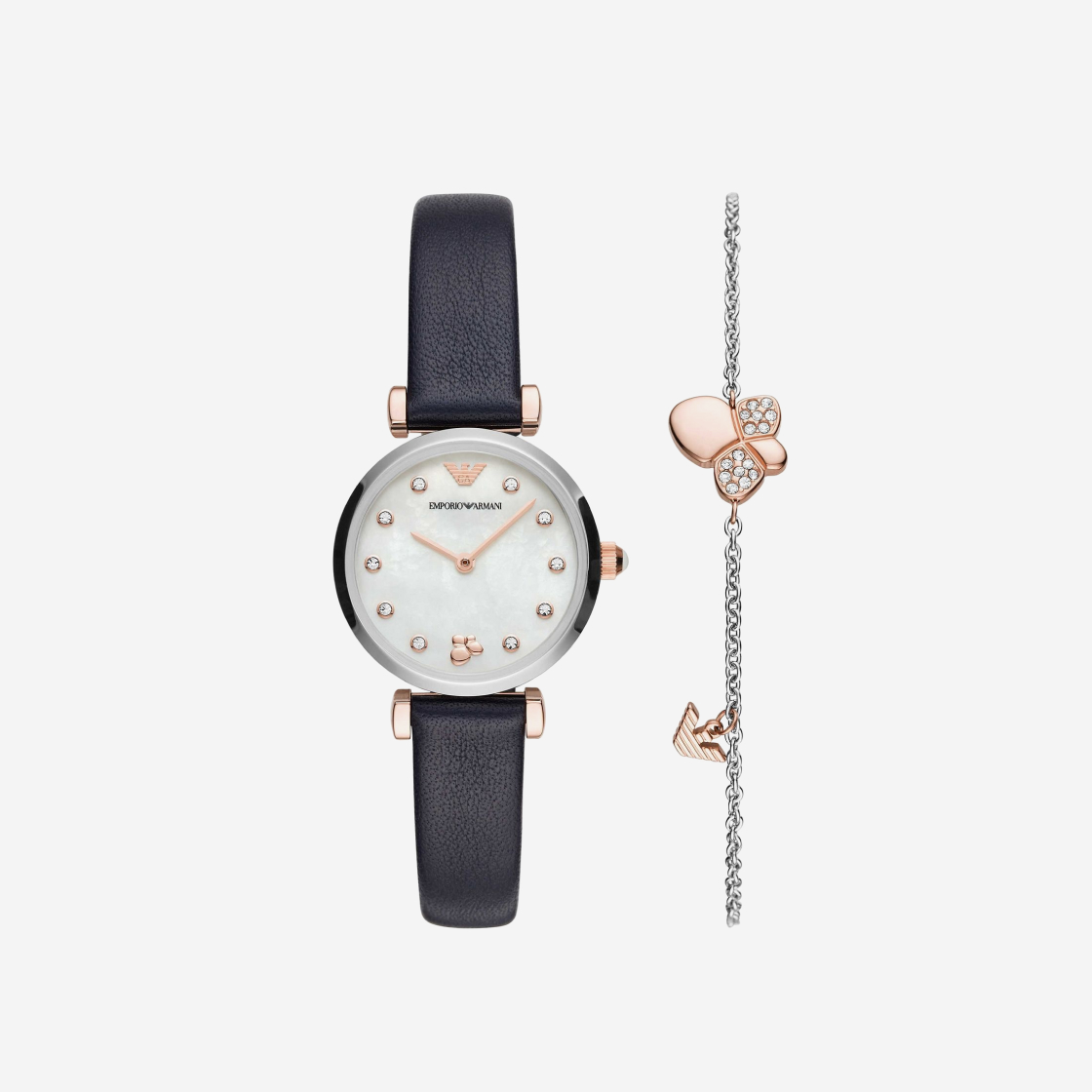 (W) 엠포리오 아르마니 쿼츠 28mm 레더 마더 오브 펄 블루 실버 브레이슬릿 세트 | Emporio Armani | KREAM