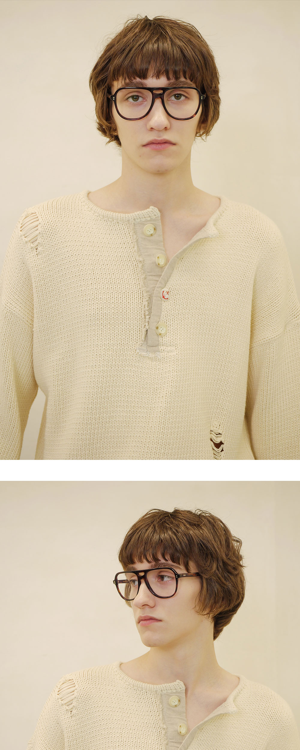 엔 아카이브 아카이브 헤비 웨이트 코튼 데미지 디테일 헨리넥 니트 아이보리 | N ARCHIVE | KREAM