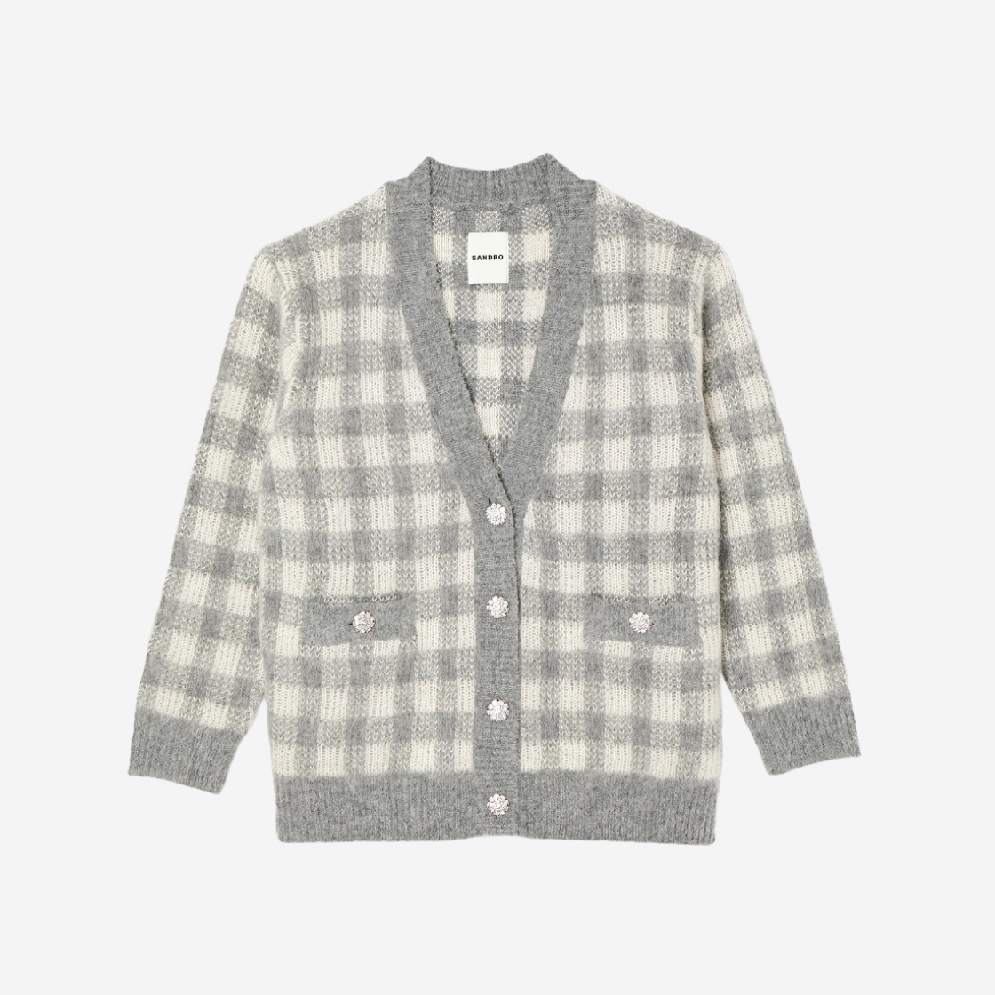 (W) 산드로 체크 자카드 가디건 라이트 그레이 | Sandro | KREAM
