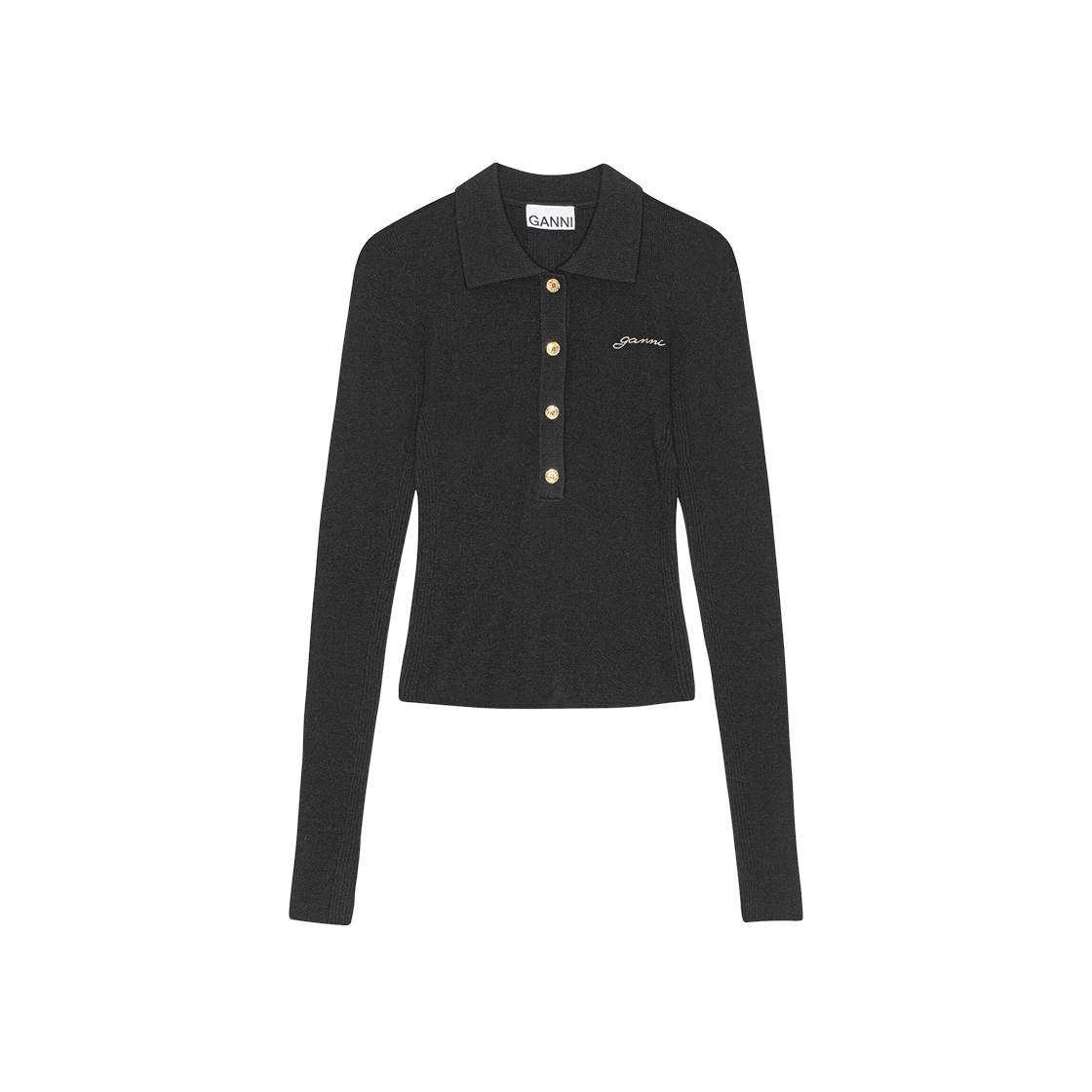 (W) 가니 립 메리노 폴로 블라우스 블랙 | Ganni | KREAM