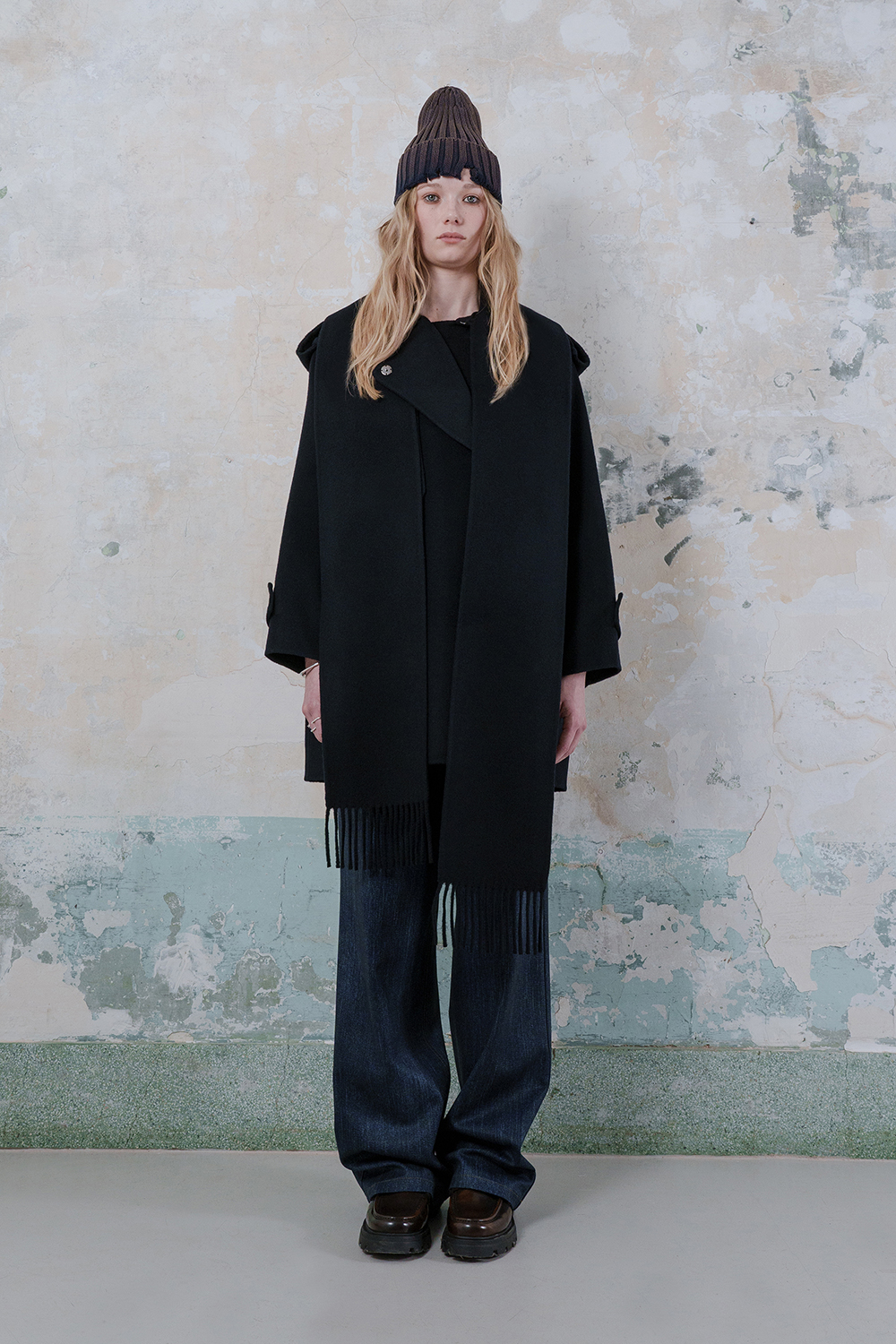 고엔제이 더블 페이스 울 블렌드 머플러 칼라 롱라인 재킷 네이비 | GOEN.J | KREAM