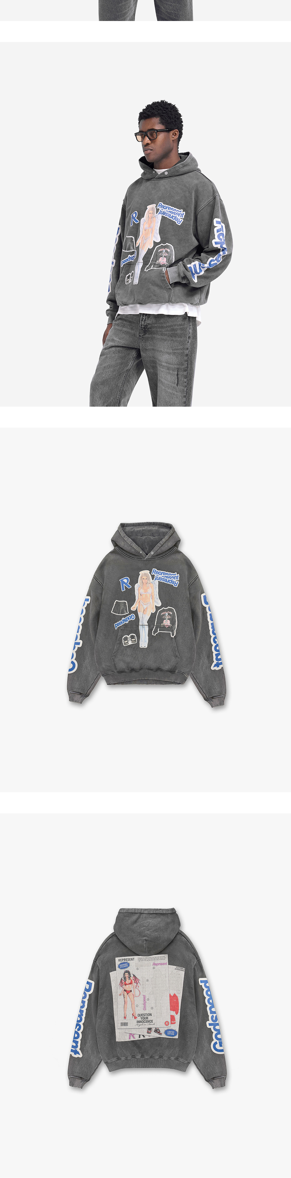 리프레젠트 퀘스쳔 유어 이노센스 후디 빈티지 그레이 블랙 - 24FW | Represent | KREAM