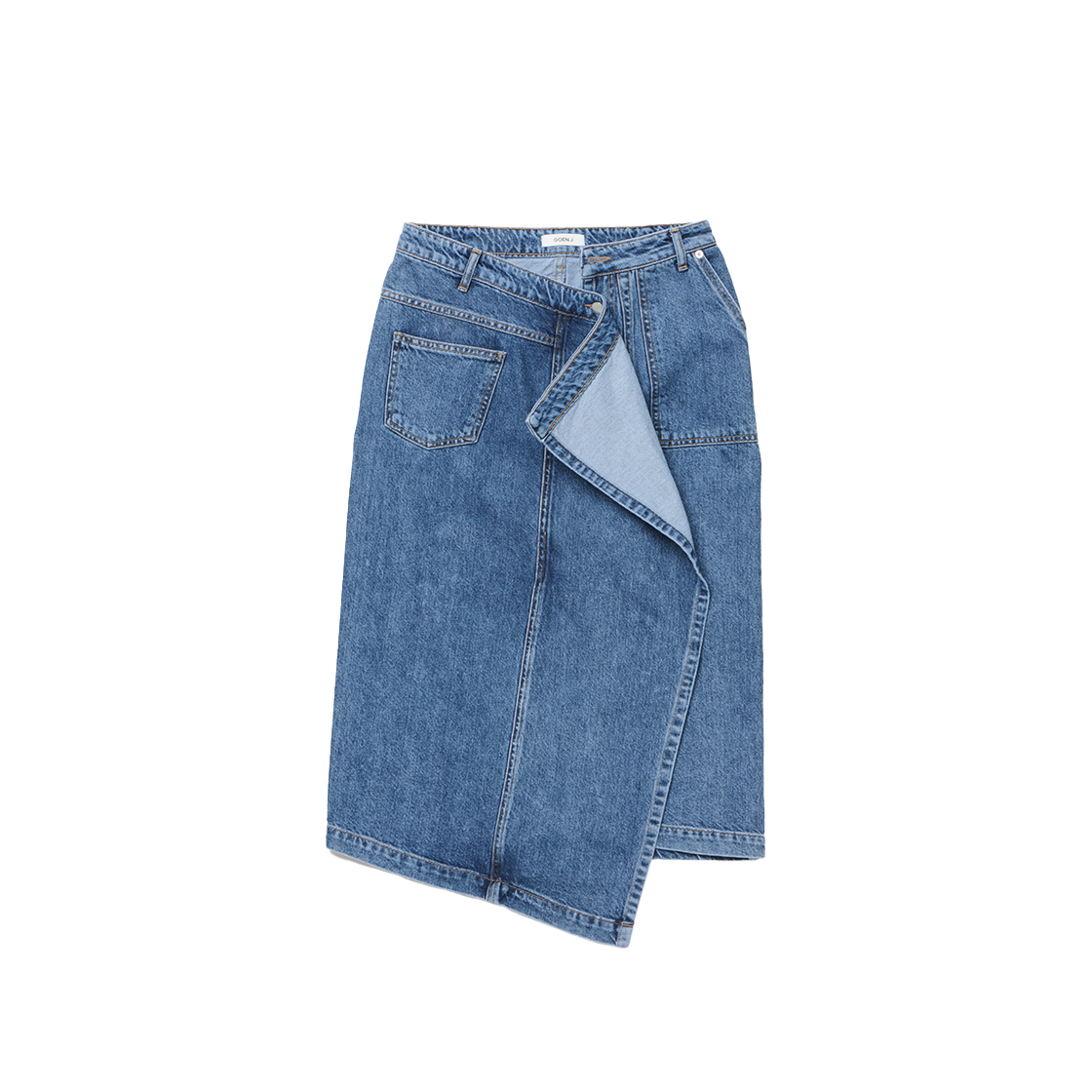 고엔제이 어시메트릭 드레이프 다운 워싱 미디 데님 스커트 블루 | GOEN.J | KREAM