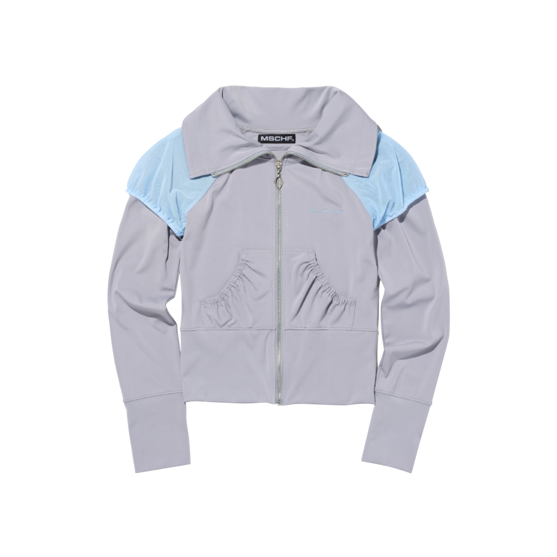 (W) 미스치프 메쉬 퍼프 터틀 넥 집업 그레이쉬 블루 | Mischief | KREAM