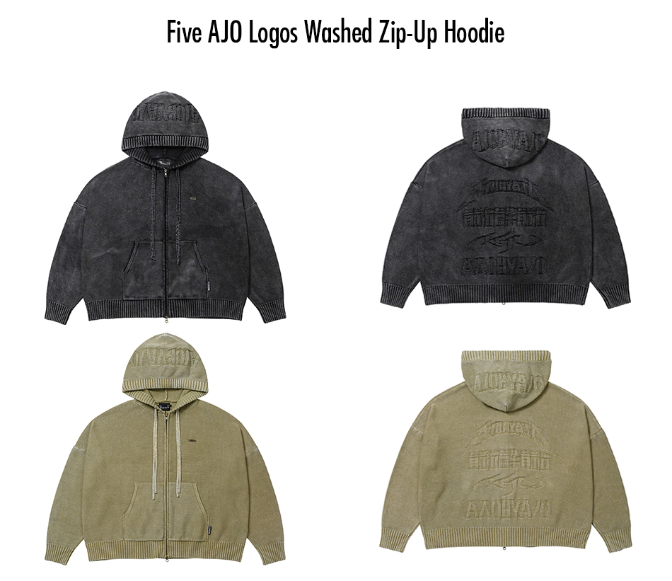아조바이아조 PBA 파이브 아조 로고 워시드 집업 후디 차콜 | AJOBYAJO | KREAM