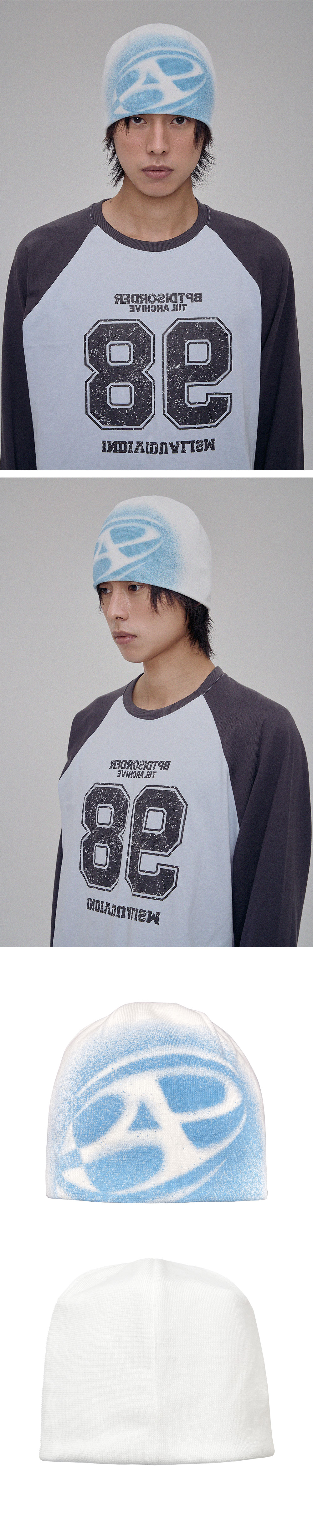 비피투디스오더 빅 로고 스프레이 비니 화이트 블루 | BP2DISORDER | KREAM