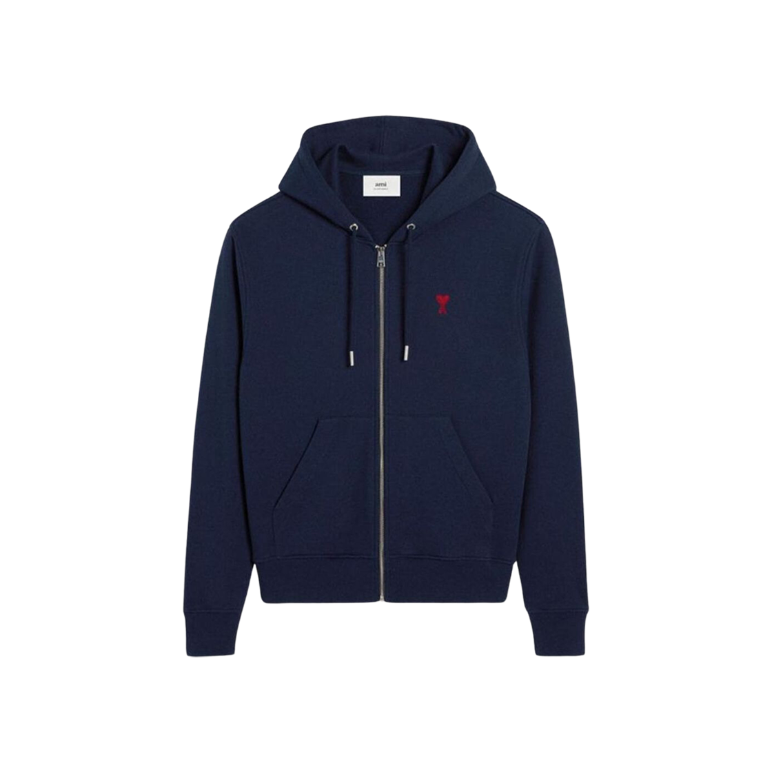 아미 레드 스몰 하트 로고 루프백 오가닉 코튼 플리스 후드 집업 나이트 블루 | AMI | KREAM