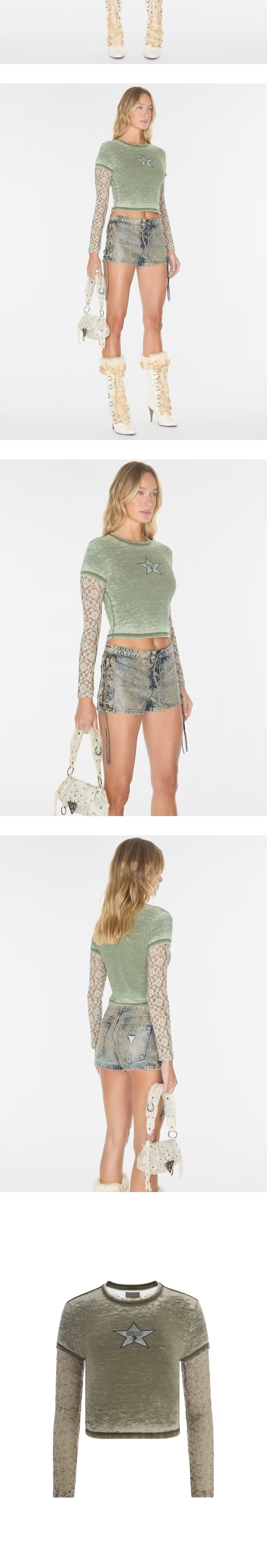 게스 USA 우먼 빈티지 레이어드 레이스 티 워시드 아웃 그린 - 24FW | Guess USA | KREAM