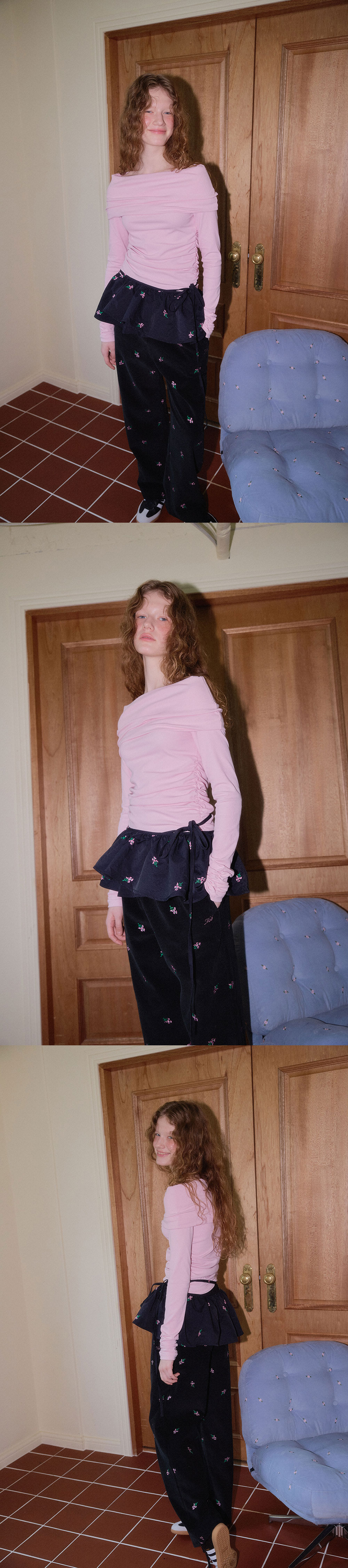 네이비 오프숄더 스판 티셔츠 핑크 | Neib | KREAM