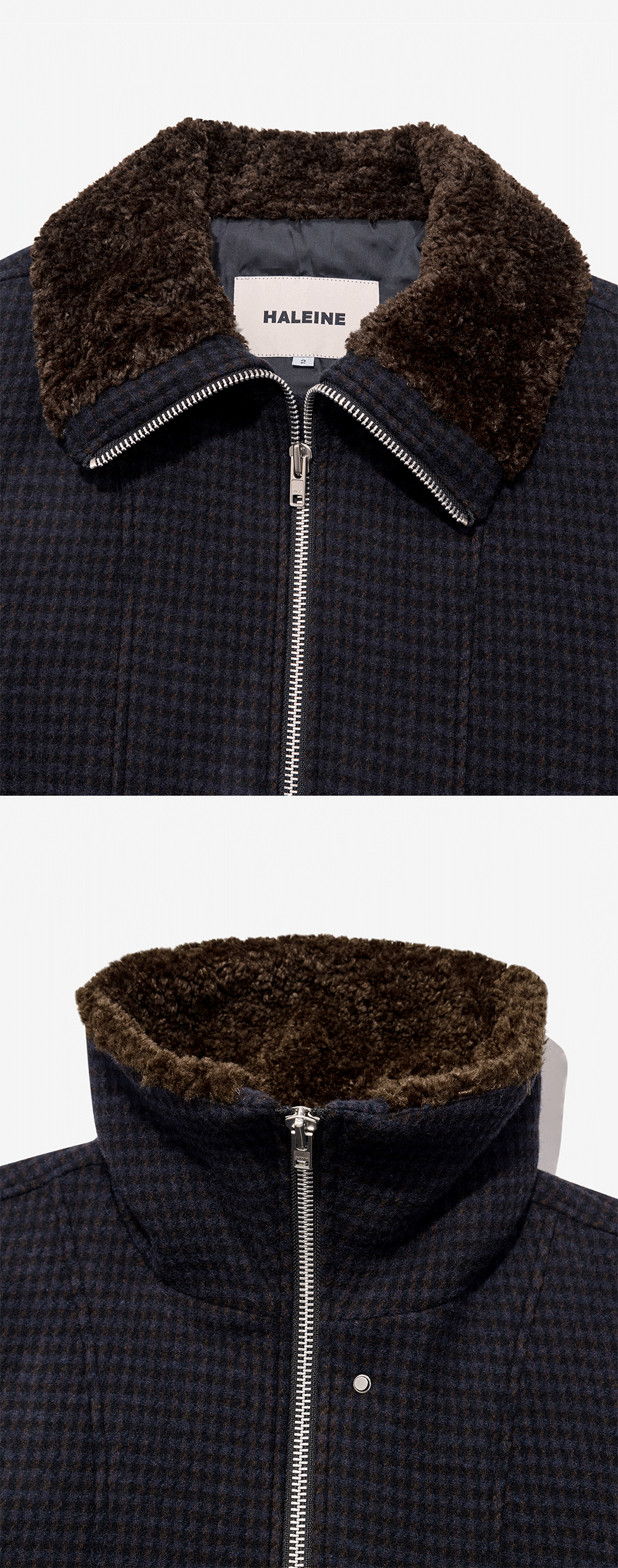 알렌느 하이넥 크롭드 울 블루종 네이비 체크 | Haleine | KREAM