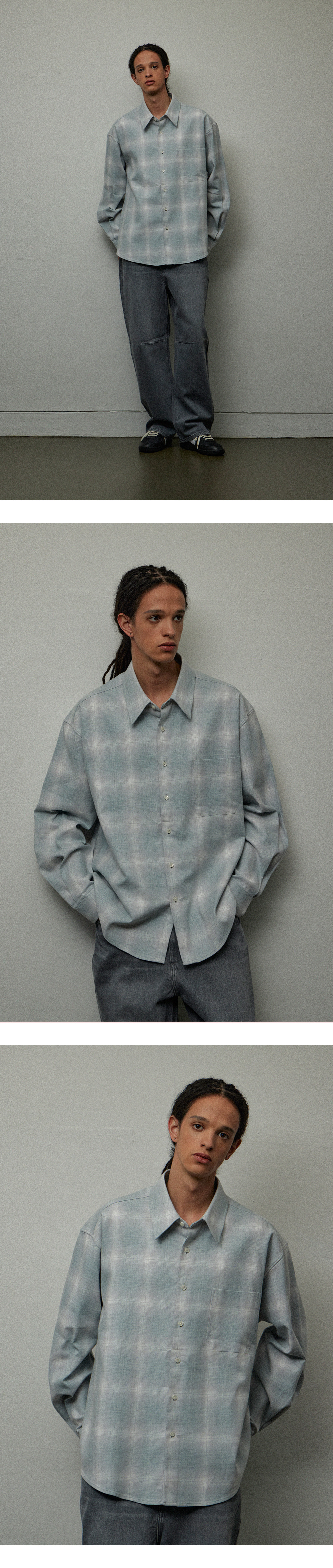 르아브 셔틀노트 오버사이즈 스퀘어 맥시 대디 체크셔츠 아이스그레이 | LEARVE | KREAM