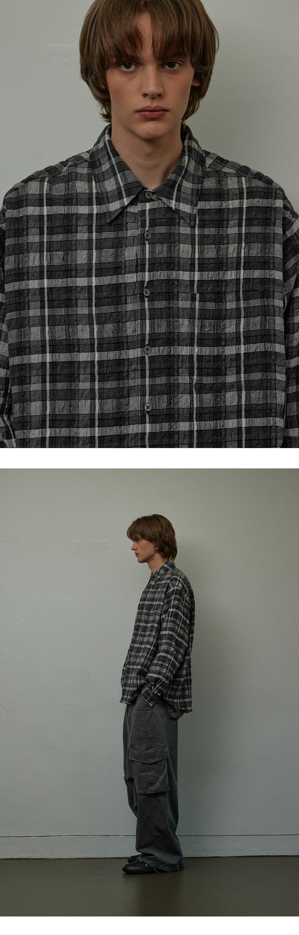 르아브 피어 웨이브 오버사이즈 체크셔츠 블랙 | LEARVE | KREAM